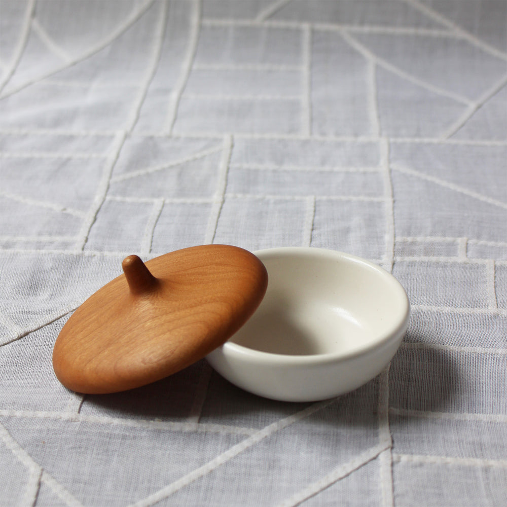 Small White Ceramic Japanese Box with Cherry Lid